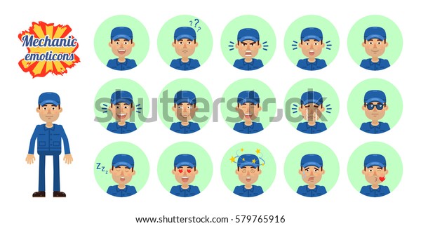Big Set Mechanic Emoticons Worker Emojis 스톡 벡터(로열티 프리) 579765916 ...