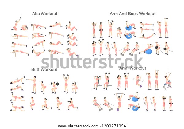 Big set of people doing exercises in the gym. Workout with dumbbell for ...
