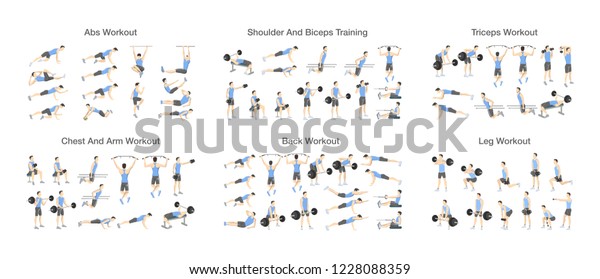 Big set of people doing exercises in the gym. Workout with dumbbell for ...