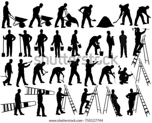 Big Set Vector Silhouettes Builder Men 스톡 벡터(로열티 프리) 750127744