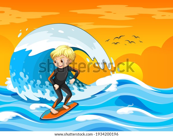 Big Wave Ocean Scene Boy Standing Stock Vector (Royalty Free) 1934200196