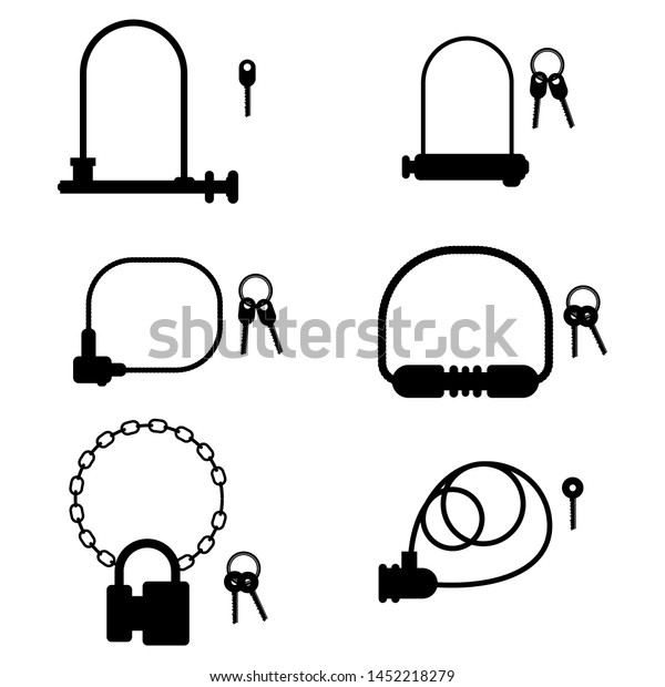 Bike lock and key vector black silhouette set isolated on a white ...