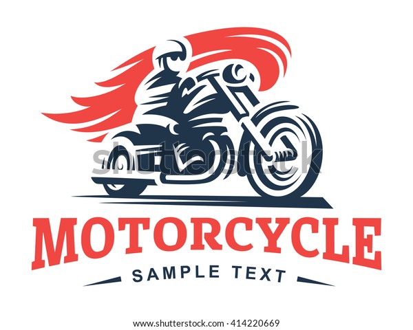 Biker, fire, motorcycle, emblem and label on white background