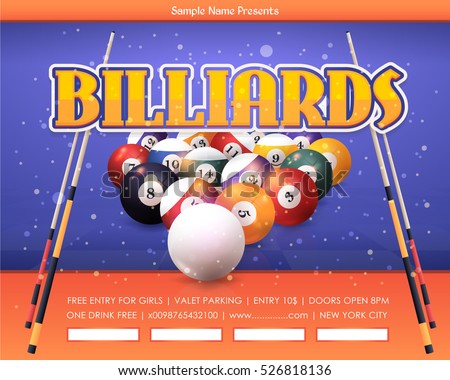 Billiards Poster Event Info Postcard Design 스톡 벡터(사용료 없음) 526818136 ...