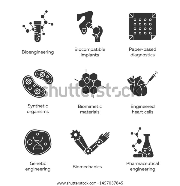 Bioengineering glyph icons set. Biotechnology for health, researching ...