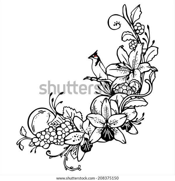 Bird Orange Flower Line Drawing Vintage Stock-vektor (royaltyfri ...