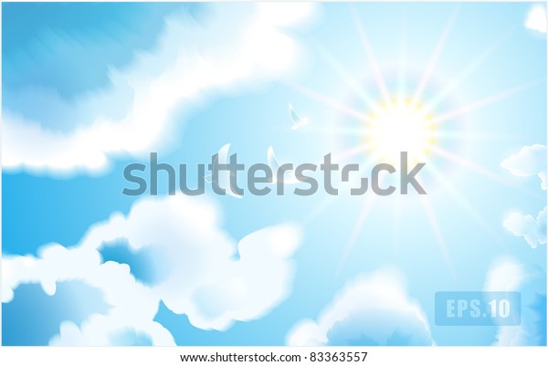 Birds Fly Sun Blue Sky Through Stock Vector (Royalty Free) 83363557 ...