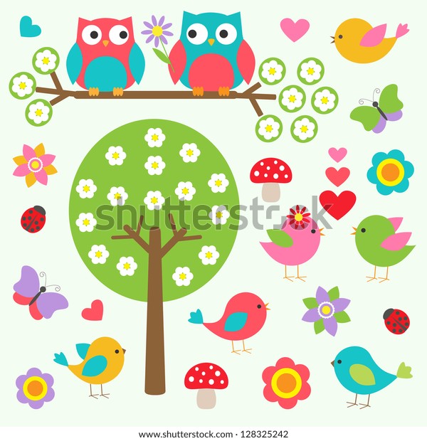 Birds Owls Spring Forest Vector Set Stock Vector (Royalty Free ...