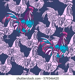 Birds Rooster Vector Primitive Drawing Seamless Stock Vector (Royalty ...