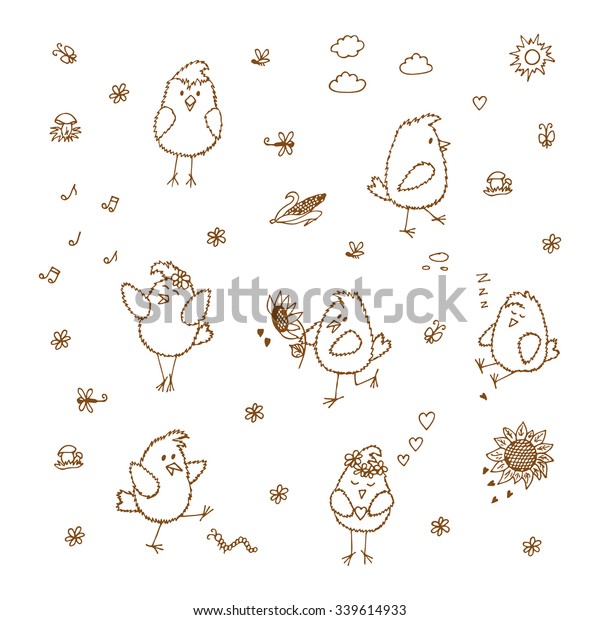 Birds Set Hand Drawn Doodles Cute Stock Vector (Royalty Free) 339614933 ...