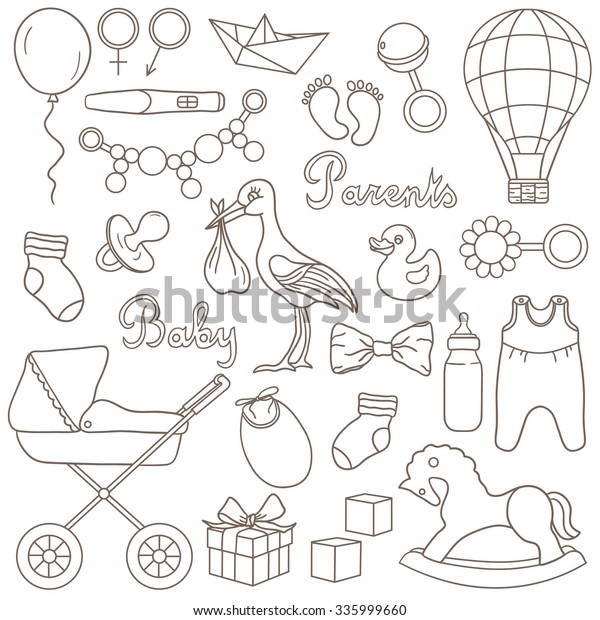Birth Baby Icon Set Hand Drawn Stock Vector (Royalty Free) 335999660 ...