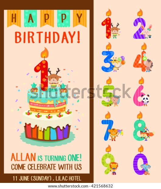 Birthday Cake Cute Animals Number Candles Stock Vector (Royalty Free ...