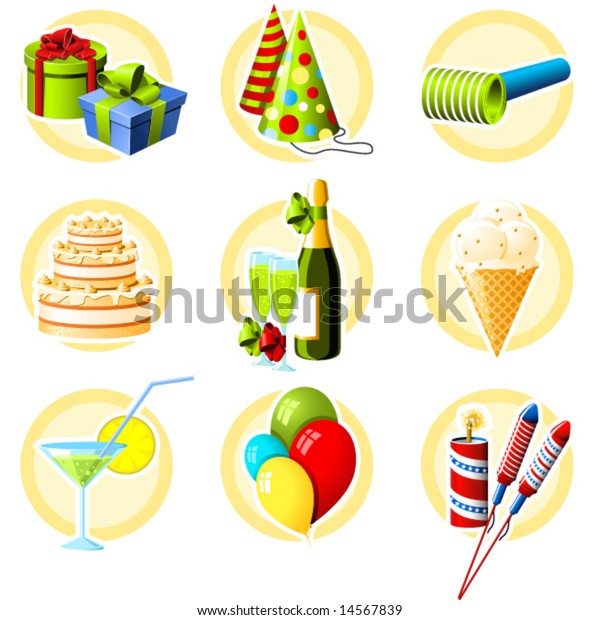 Birthday Celebration Objects Icon Set Stock Vector (Royalty Free ...