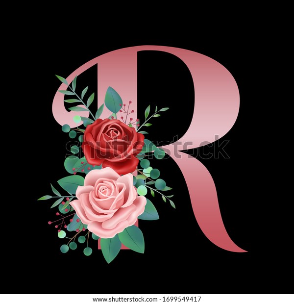 Letra inglesa letra vectorial R con hojas de flores rosas, elementos ...