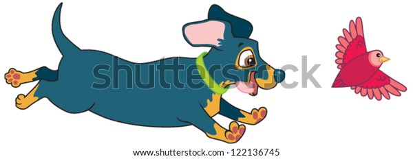 Black Brown Sausage Dog Chasing Bird Stock Vector (Royalty Free) 122136745