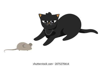Black Cat Playing Mouse Pet Cartoon Stock Vector (Royalty Free ...