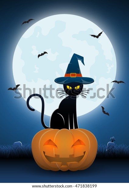 Black Cat Wearing Witches Hat Sit Stock Vector (Royalty Free) 471838199 ...