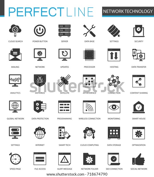Black Classic Network Technology Icons Set Stock Vector (Royalty Free ...