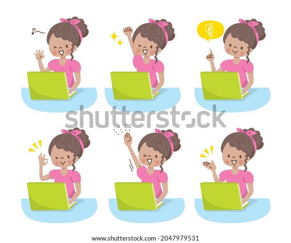 Black Girl Operating Computer Positive Facial Stock Vector (Royalty ...