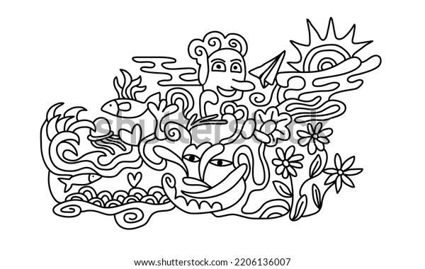 Black Line Doodle Art Coloring Book Stock Vector (Royalty Free ...