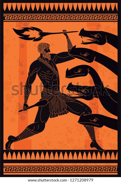 Black Orange Ceramic Hercules Fighting Hydra Stock Vector (Royalty Free ...