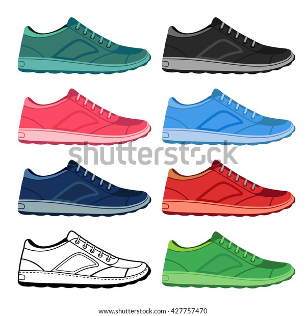 Black Outlined Colored Sneakers Shoes Set Stock Vector (Royalty Free ...