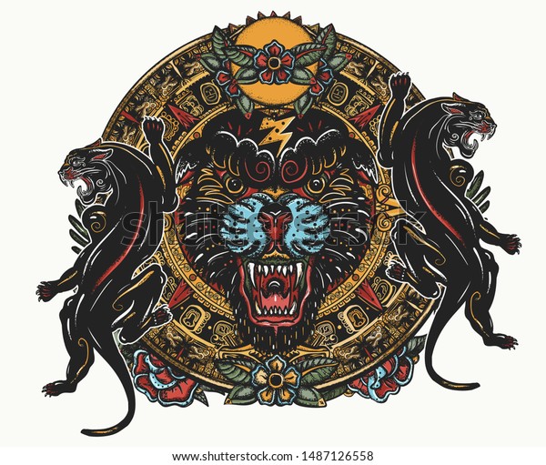Black Panthers Mayan Sun Calendar Wild Stock Vector (Royalty Free ...