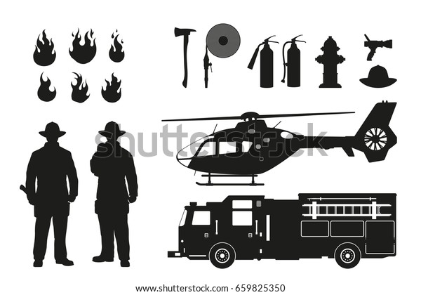 Black Silhouette Firefighter Fire Fighting Equipment 库存矢量图（免版税）659825350