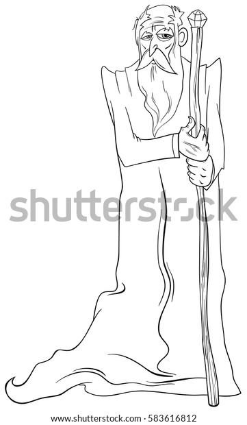 Black White Cartoon Illustration Old Wizard: vector de stock (libre de ...
