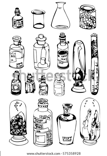 Vektor Stok Black White Drawing Apothecary Glassware (Tanpa Royalti ...