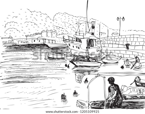 Black White Drawing Mediterranean Port Stock Vector (Royalty Free ...