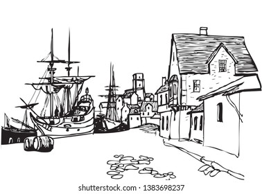Black White Drawing Old Harbor European Stock Vector (Royalty Free ...