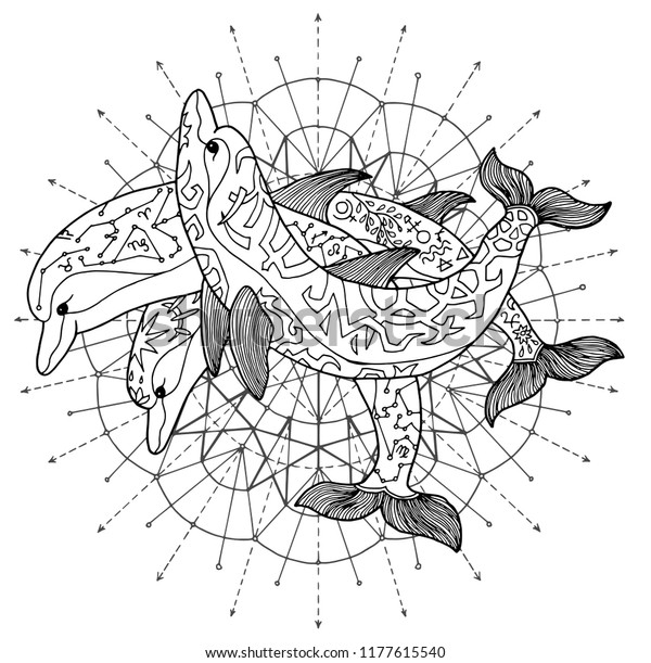 Black White Drawing Three Dolphins Against Stock Vector (Royalty Free ...