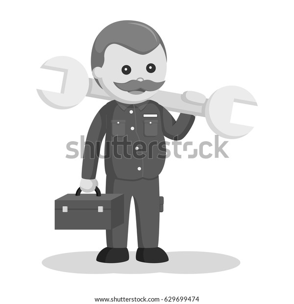 Black White Fat Mechanic Big Wrench Stock Vector (Royalty Free ...