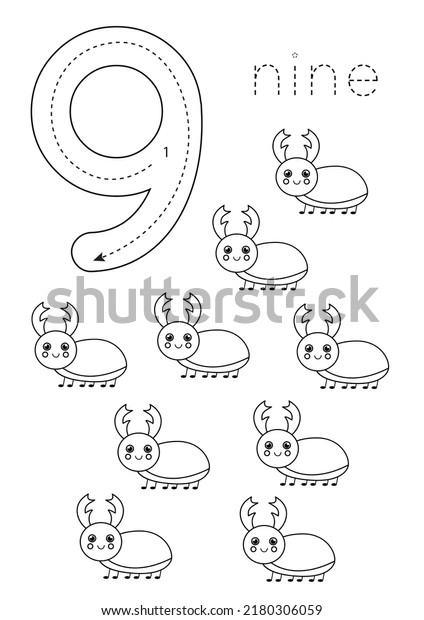 Black White Flashcard Number Nine Worksheet: เวกเตอร์สต็อก (ปลอดค่า ...