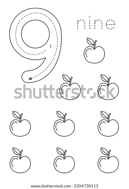 Black White Flashcard Number Nine Worksheet Stock Vector (Royalty Free ...