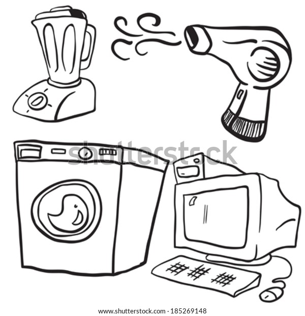 Black White Household Objects Cartoon Doodles Stock Vector (Royalty ...