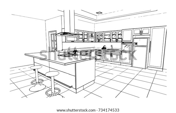 Black White Kitchen Sketch Design Selective Stock Vector Royalty Free 734174533