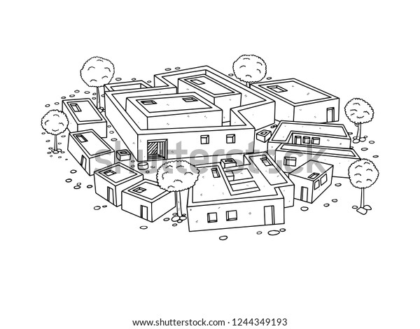 Black White Line Art Settlement Middle Stock Vector (Royalty Free ...