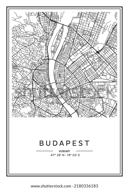 Black White Printable Budapest City Map: เวกเตอร์สต็อก (ปลอดค่า ...