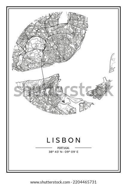 Black White Printable Lisbon City Map Stock Vector (Royalty Free ...