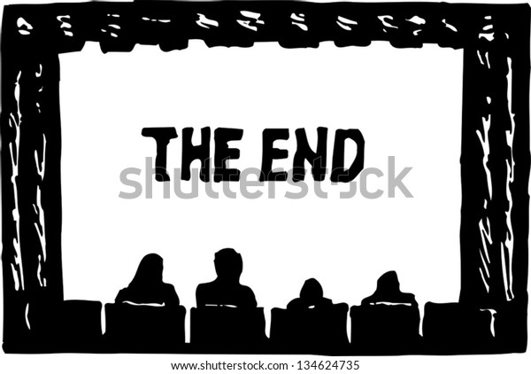 Black and white vector illustration of people watching movie at the end
