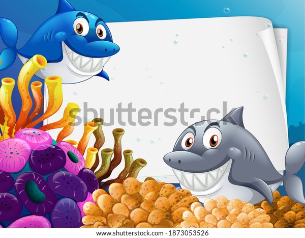Blank Paper Template Many Sharks Cartoon: стоковая векторная графика ...