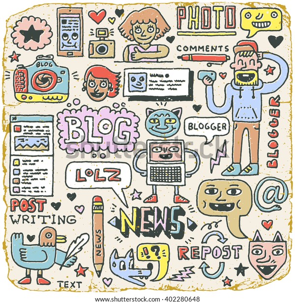Blogging Activities Funny Doodle Cartoon Set Stock Vector (Royalty Free ...