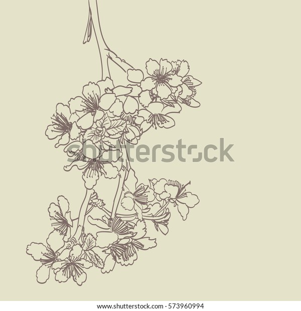 Blossoming Tree Line Art Hand Drawing Stock Vector (Royalty Free) 573960994