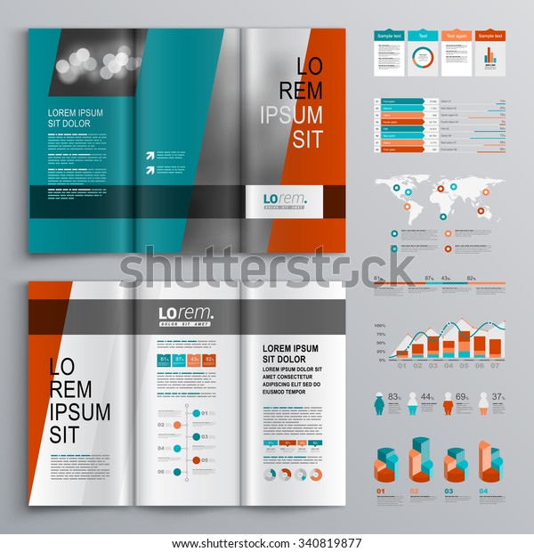 Blue brochure template design with red vertical shapes and horisontal ...