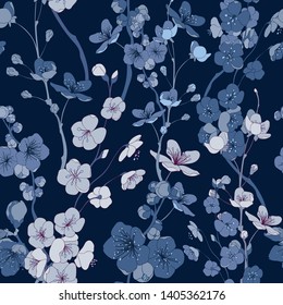 Blue Cherry Blossom Seamless Vector Background Stock Vector (Royalty ...