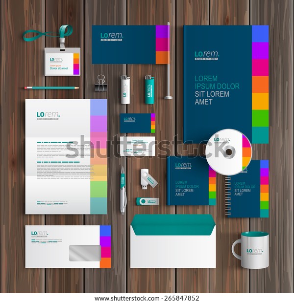 Blue corporate identity template design with color square elements ...