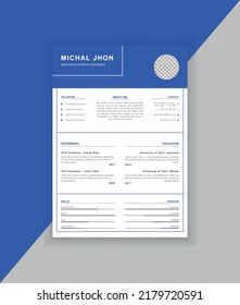Blue Cv Resume Template White Stock Vector (Royalty Free) 2179720591 ...