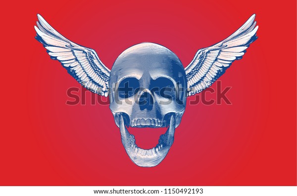 Blue Engraving Drawing Skull Screaming Wings Stock Vector (Royalty Free ...